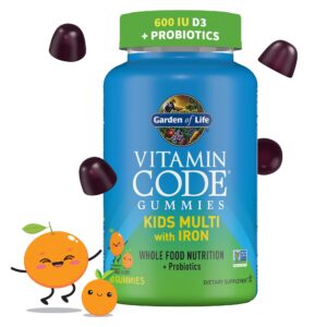 garden of life kids multivitamin gummy with iron+probiotics for immune health & digestion:vitamins d, c, e, b, zinc for energy&development,vitamin code,non-gmo,gluten-free, orange,30 day supply