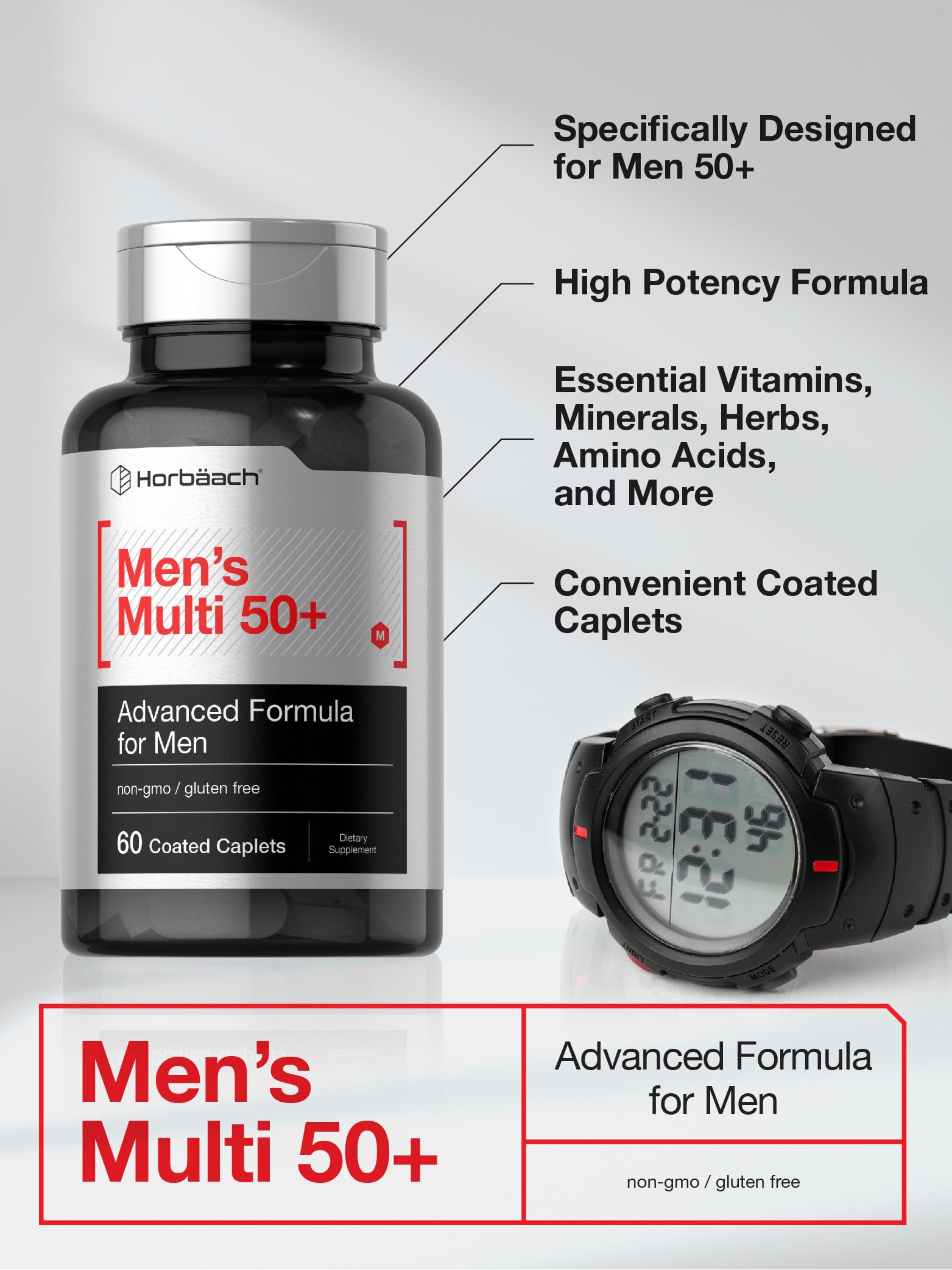 Horbäach Men's Multivitamin 50 Plus | 60 Caplets | Non-GMO & Gluten Free Supplement