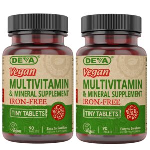 deva tiny tablets vegan multivitamins for women & men, multivitamin iron free, mineral supplement, vitamin c, vitamin b complex, vitamin b12, vitamin e, zinc, gluten free (2 pack - 90 tablets ea)