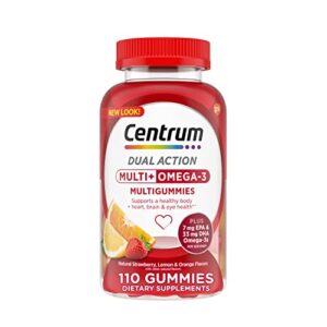 centrum multigummies multi+ omega 3 dual action, adult multivitamin, multivitamin/multimineral/omega 3 supplement, strawberry/lemon/orange flavors - 110 count