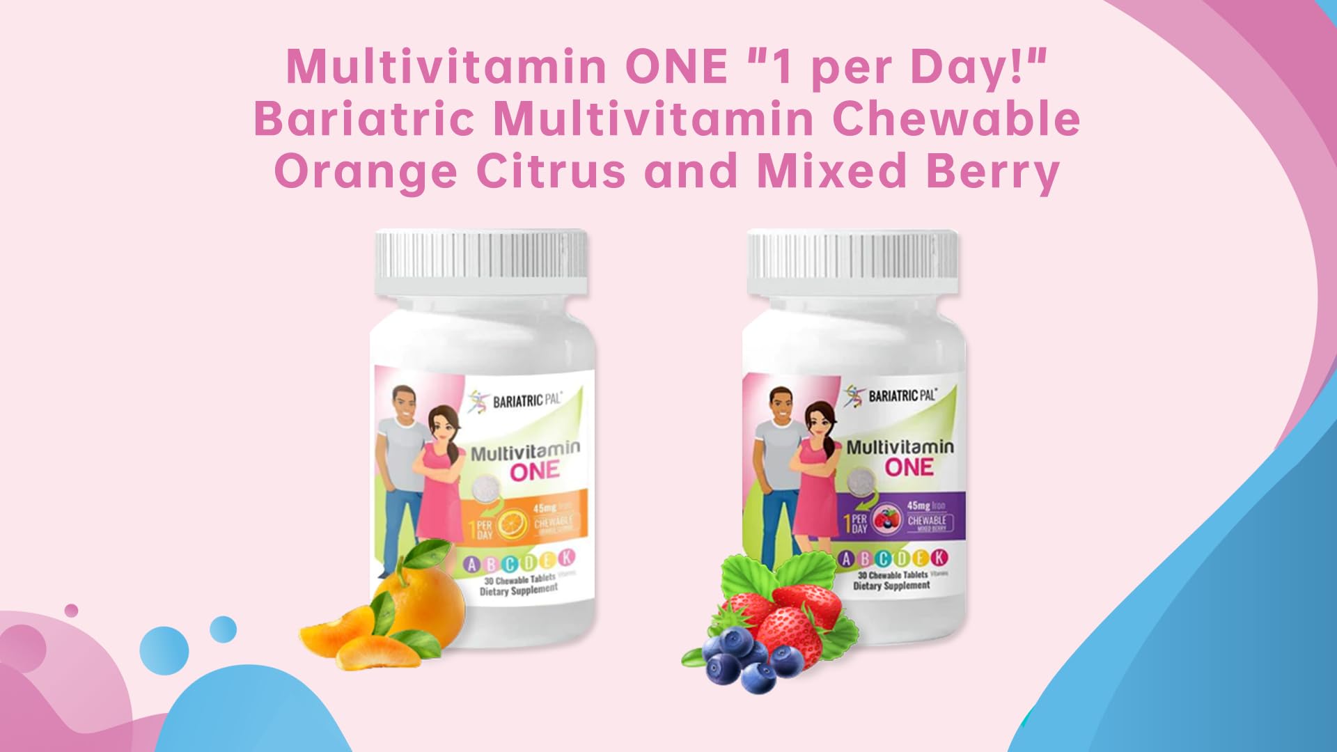 BariatricPal Multivitamin ONE 1 per Day! Bariatric Multivitamin Chewable with 45mg Iron - Mixed Berry (30 Count)