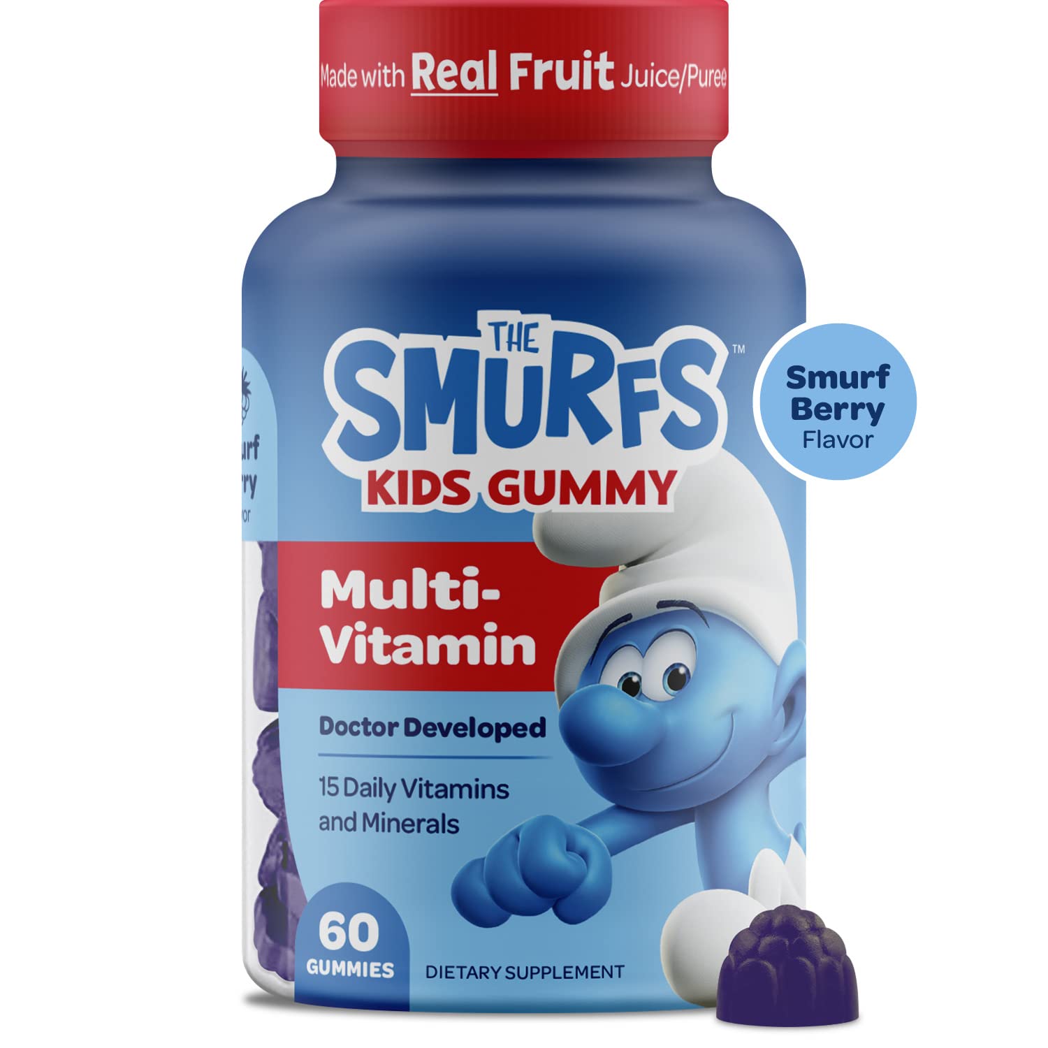 The Smurfs Kids Multivitamin Gummies with 15 Daily Vitamins and Minerals for Growth & Development | Made with Real Fruit in a Smurf Berry | Delicious, Doctor Developed & Non-GMO Formula | 60 Gummies