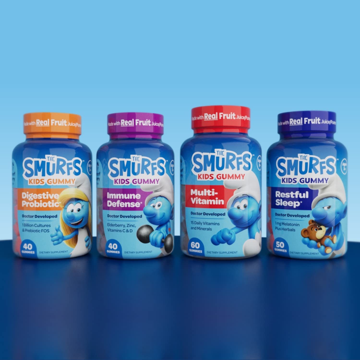 The Smurfs Kids Multivitamin Gummies with 15 Daily Vitamins and Minerals for Growth & Development | Made with Real Fruit in a Smurf Berry | Delicious, Doctor Developed & Non-GMO Formula | 60 Gummies