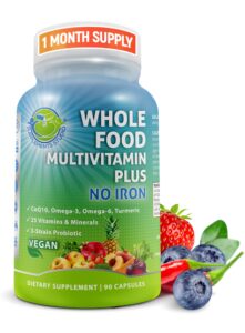 vegan whole food multivitamin without iron, daily multivitamin for women and men, made with fruits & vegetables, b-complex, probiotics, enzymes, coq10, omegas, turmeric, non-gmo, 90 count