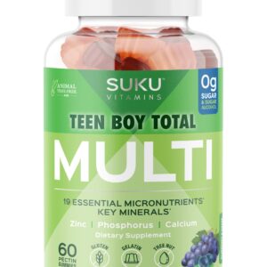 SUKU Vitamins Teen Boy Multivitamin – Sugar Free Vegetarian Gummy Supplement for Teen Boys 19 Essential Nutrients Strengthens Bones Muscles Enhances Energy Health – Blueberry Grape Flavor (60 Count)