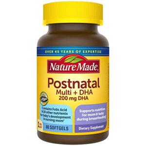 nature made postnatal multivitamin + dha 200 mg, 60 softgels, to support nursing moms & babies during breastfeeding, postnatal vitamins & nutrients include iron, vitamin d3, calcium, iodine