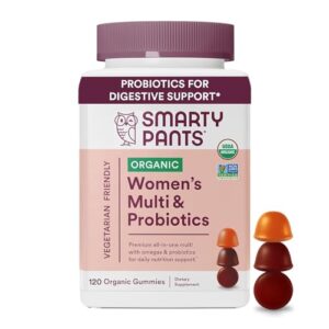 smartypants organic women's multivitamin gummies: biotin, probiotics, methylfolate, omega 3 (ala), vitamin d3, c, vitamin b12, b6, vitamin a, k & zinc, gluten free, 120 count (30 day supply)