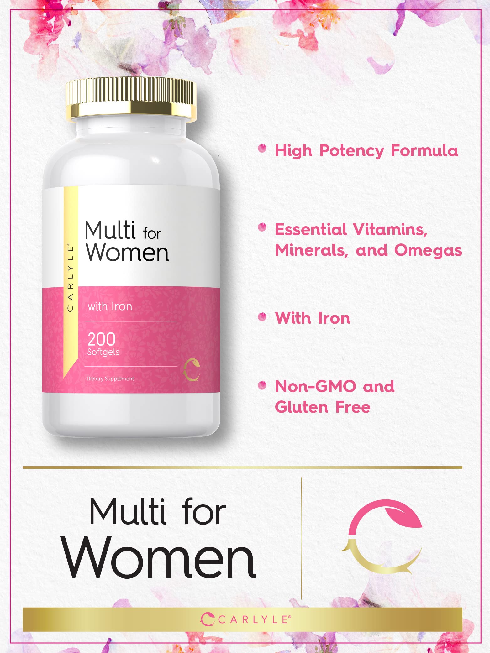 Carlyle Multivitamin for Women with Iron | 200 Softgel Capsules | Nutritional Support Supplement | Non-GMO, Gluten Free