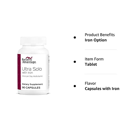 Bariatric Advantage Ultra Solo with Iron Daily Multivitamin for Gastric Bypass Surgery and Sleeve Gastrectomy Patients, Includes Vitamin B12, C, D, K, Thiamin and Copper - 90 Count