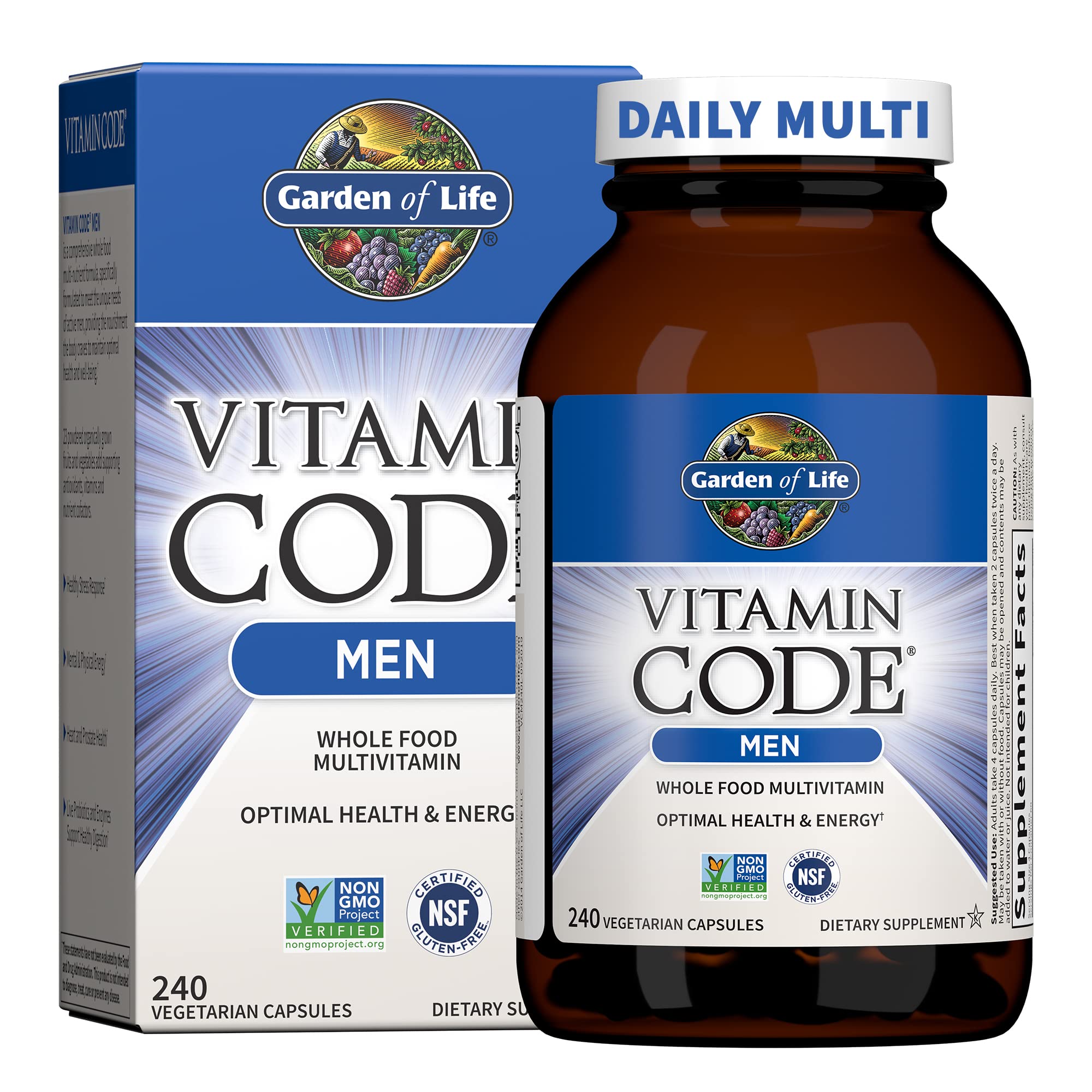 Garden of Life Vitamin Code Whole Food Multivitamin for Men - 240 Capsules, Vitamins for Men, Fruit Veggie Blend and Probiotics for Energy, Heart, Prostate Health, Vegetarian Men's Multivitamins