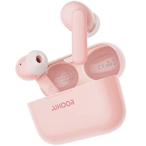 aihoor wireless earbuds for music and sports, bluetooth 5.3 in-ear headphones with extra bass built-in mic touch control 30hr battery earphones, waterproof (pink)