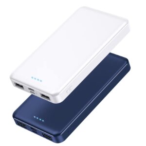 [2 pack] portable charger power bank 10000mah,ultra slim compact external battery pack with usb c input & dual usb outputs backup charger compatible with iphone 13,12,11, samsung s20,tablet-white+blue