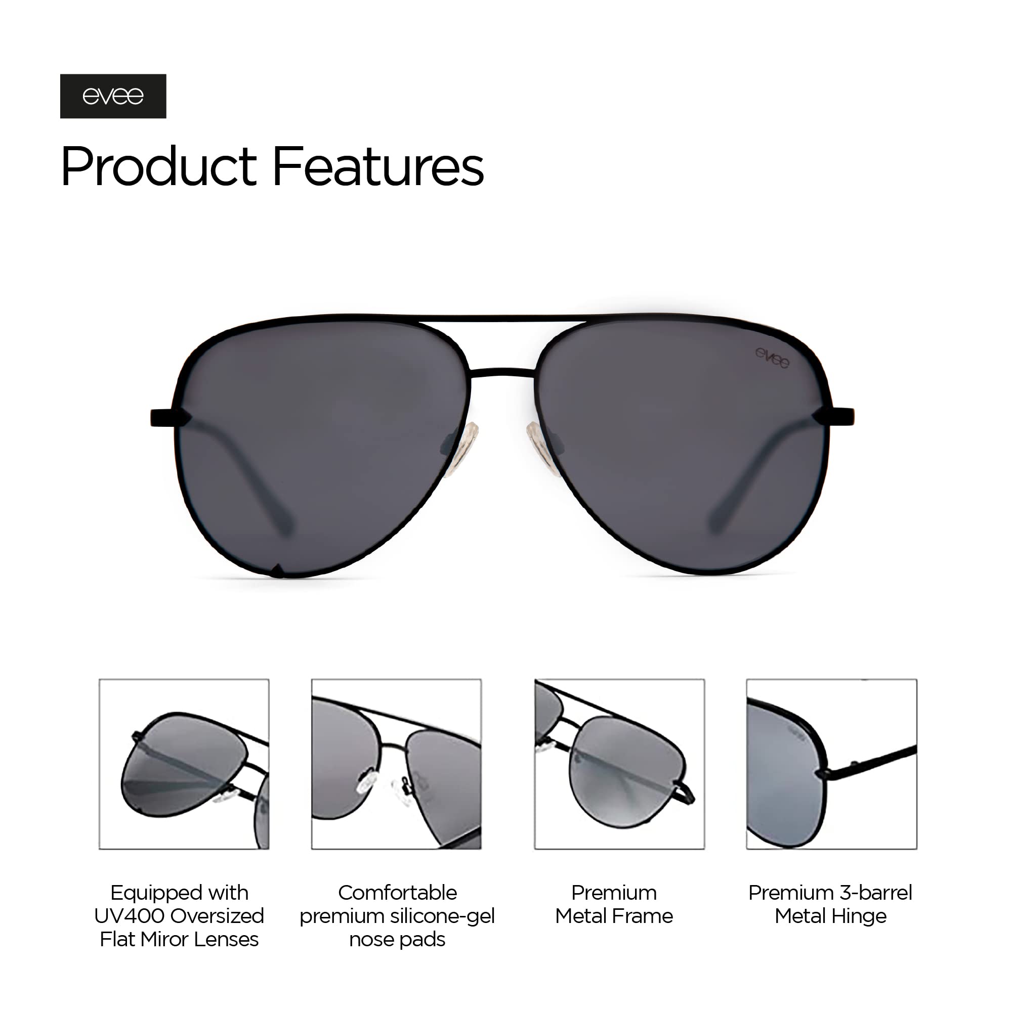 EVEE Fashionable Metal Aviator Sunglasses for Men with Flat Mirror Lenses LIMITED EDITION CASE + MICROFIBER CLEANING CLOTH (E-GMPCBKWM) (Black, 64)