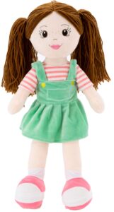 plushible soft baby doll - 18 inch rag dolls for girls, infants & babies - my first plush for 1 year old - brown yarn hair - girl toys - allie