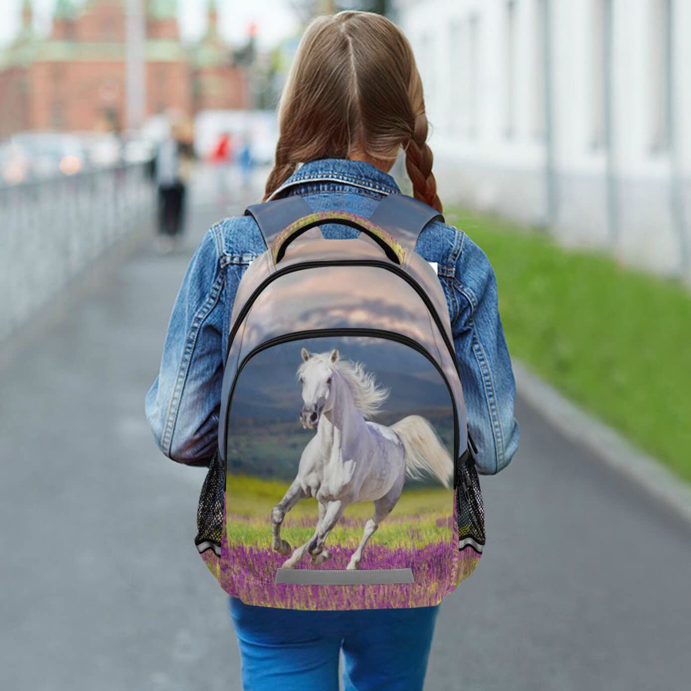 Horse Kids Backpack Bookbag Lavender Flower Elementary School Bag for Boys Girls Travel Rucksack