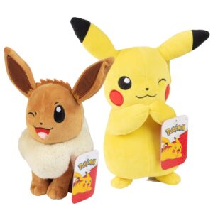 pokemon 8" eevee & pikachu plush, 2-pack - let's go starters - officially licensed - quality soft collectible stuffed animal toy - great gift for kids, boys, girls