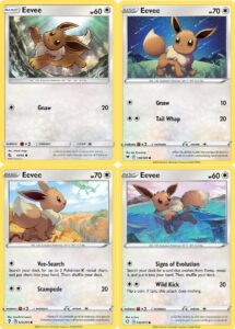 eevee - pokemon - 4 card lot - hidden fates vivid voltage evolving skies - 125/203-49/68