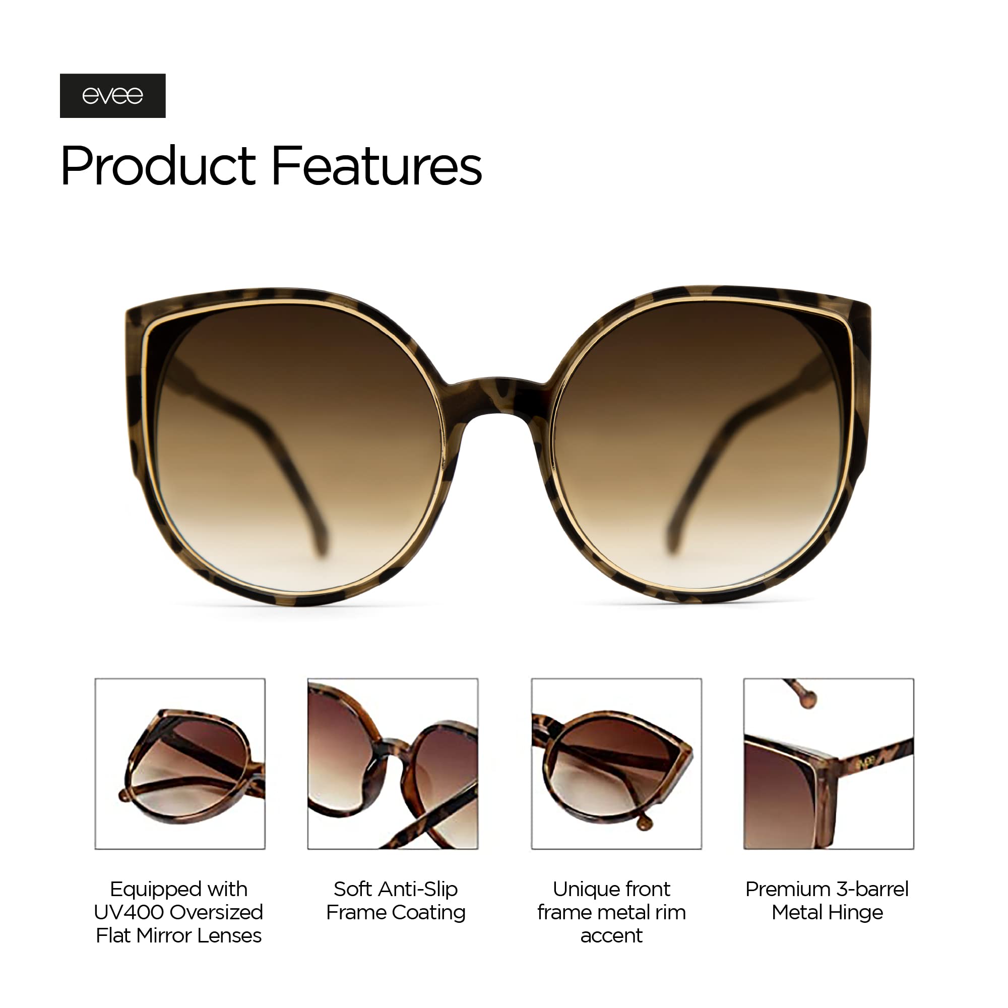 EVEE Oversized Flat Retro Cat-Eye Sunglasses with Metal Rim Accent Front and Reflective Lens (Piper)