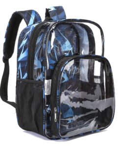 bluefairy clear backpack for school stadium approved large pvc see through bag heavy duty bookbag transparent plastic bag for students work events 17" geometric blue