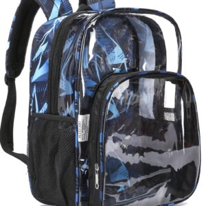 BLUEFAIRY Clear Backpack for School Stadium Approved Large PVC See Through Bag Heavy Duty Bookbag Transparent Plastic Bag for Students Work Events 17" Geometric Blue