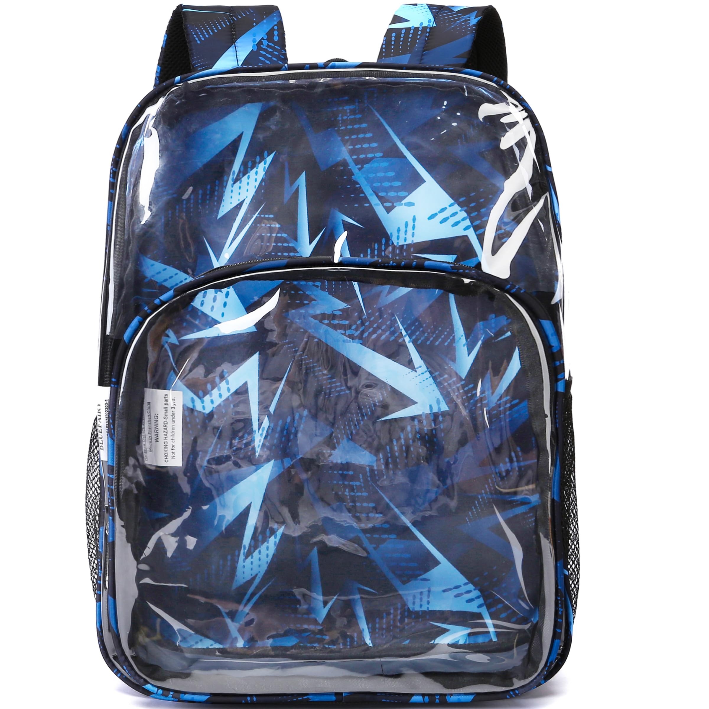 BLUEFAIRY Clear Backpack for School Stadium Approved Large PVC See Through Bag Heavy Duty Bookbag Transparent Plastic Bag for Students Work Events 17" Geometric Blue