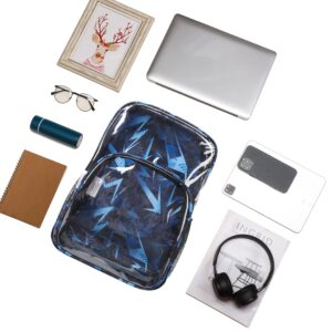 BLUEFAIRY Clear Backpack for School Stadium Approved Large PVC See Through Bag Heavy Duty Bookbag Transparent Plastic Bag for Students Work Events 17" Geometric Blue