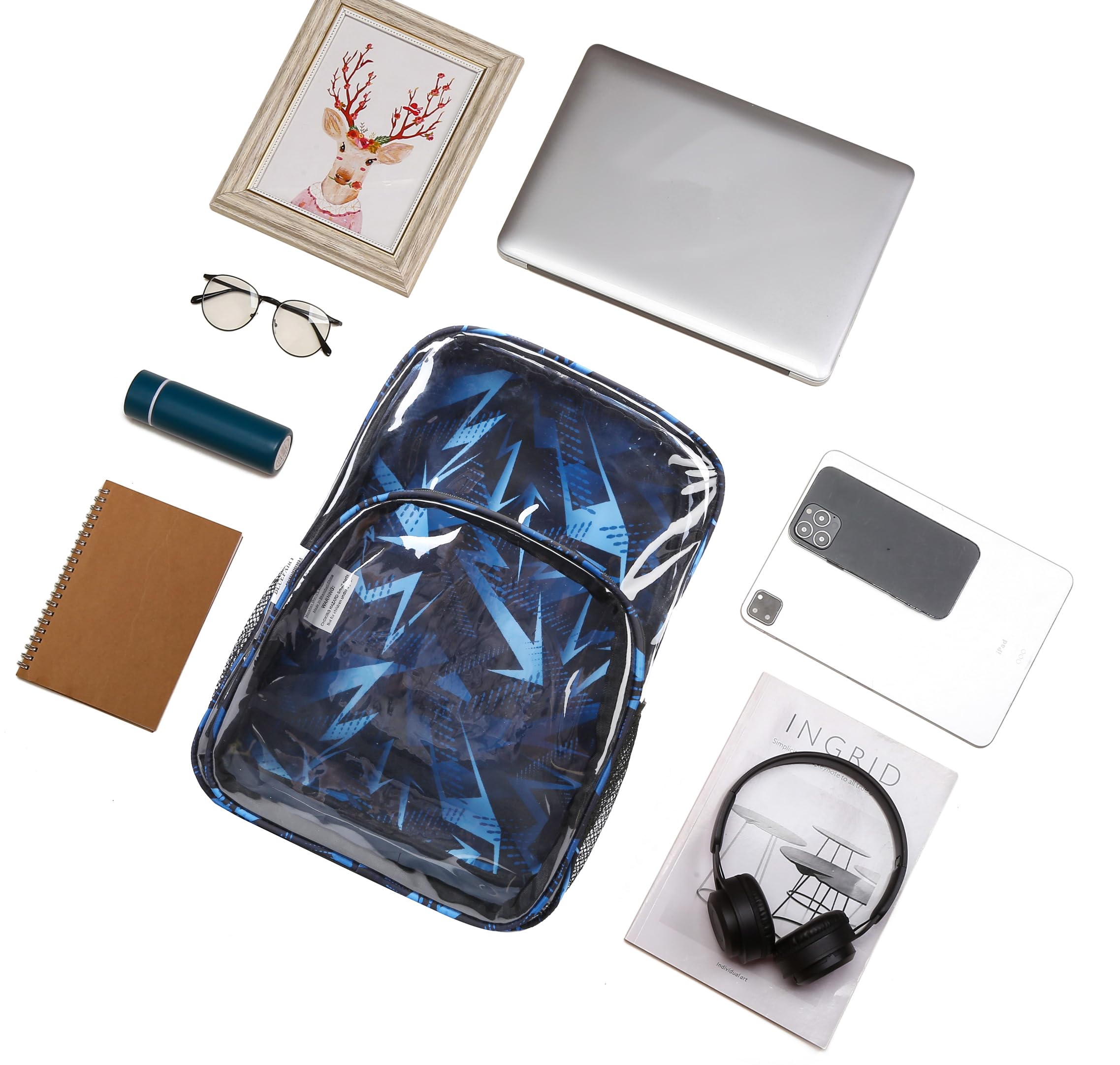 BLUEFAIRY Clear Backpack for School Stadium Approved Large PVC See Through Bag Heavy Duty Bookbag Transparent Plastic Bag for Students Work Events 17" Geometric Blue