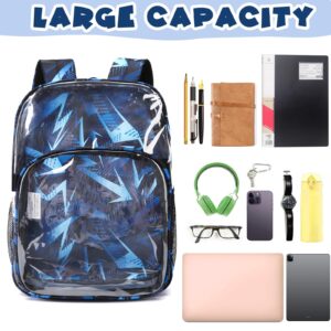 BLUEFAIRY Clear Backpack for School Stadium Approved Large PVC See Through Bag Heavy Duty Bookbag Transparent Plastic Bag for Students Work Events 17" Geometric Blue