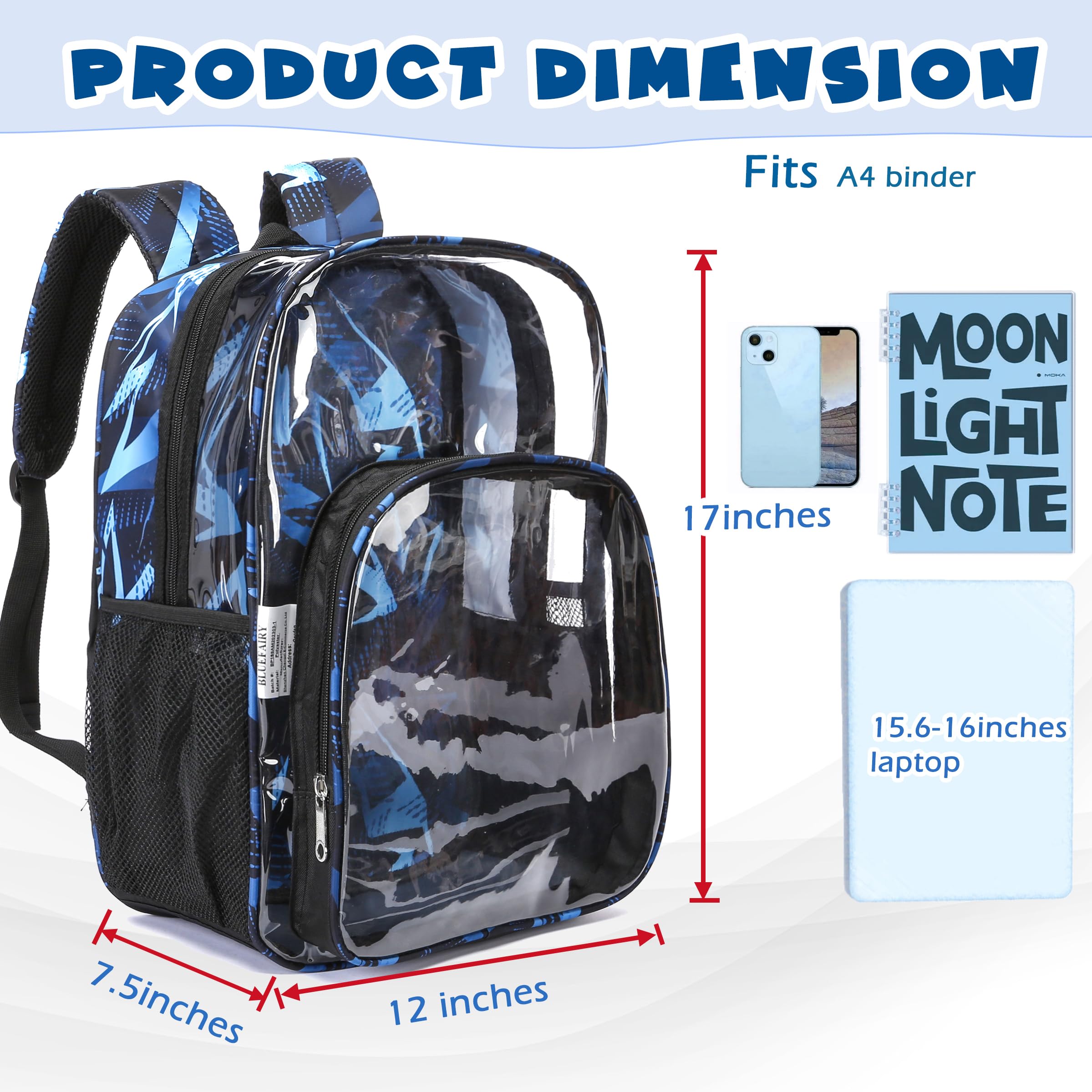 BLUEFAIRY Clear Backpack for School Stadium Approved Large PVC See Through Bag Heavy Duty Bookbag Transparent Plastic Bag for Students Work Events 17" Geometric Blue