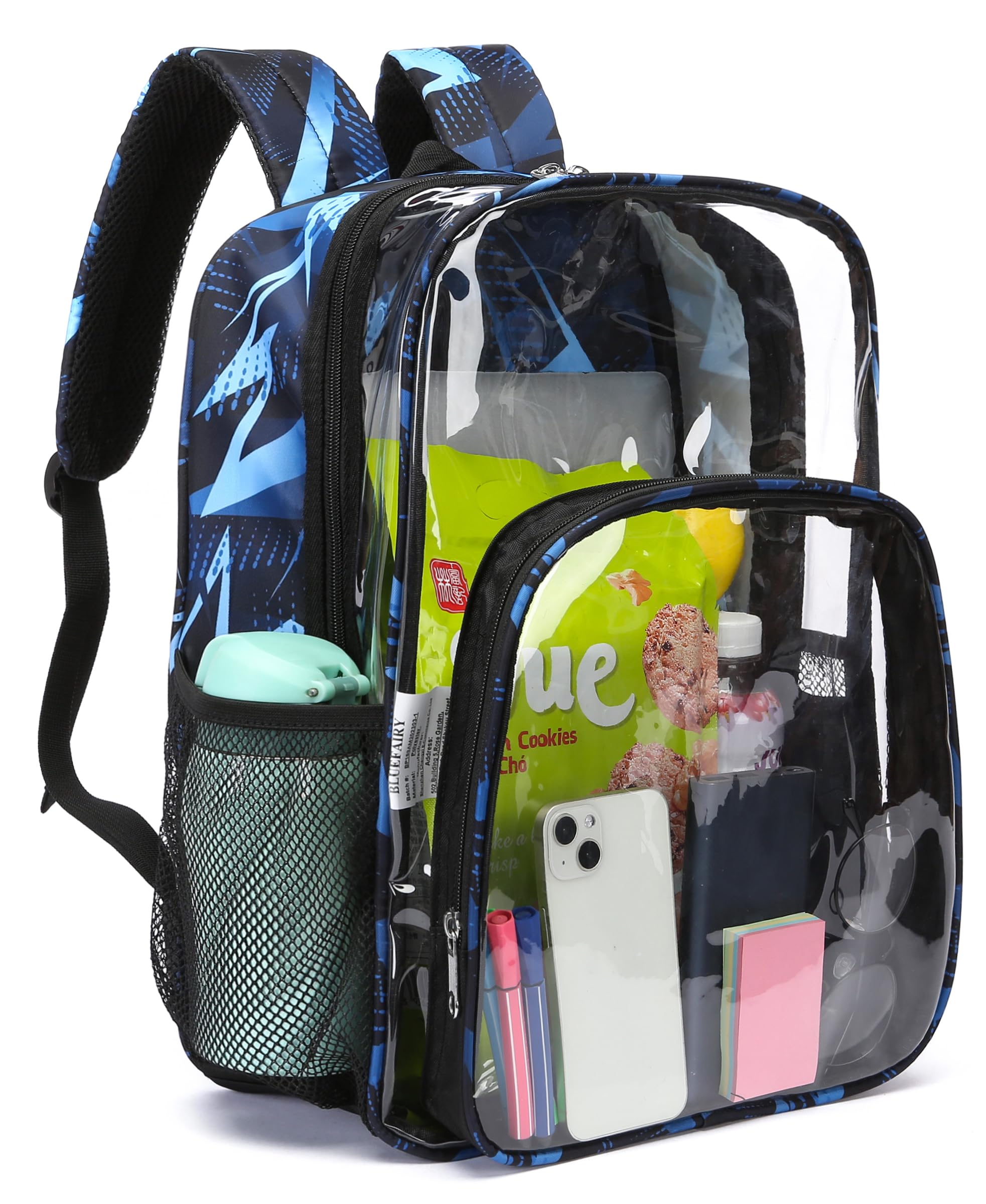 BLUEFAIRY Clear Backpack for School Stadium Approved Large PVC See Through Bag Heavy Duty Bookbag Transparent Plastic Bag for Students Work Events 17" Geometric Blue