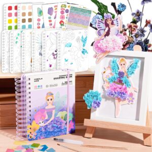 mirola kids 4 in 1 fashion design book for girls, fairy theme puzzle puncture painting with poking, diamond, watercolor painting, stickers, dress-up activity book, craft kit for age 4-12