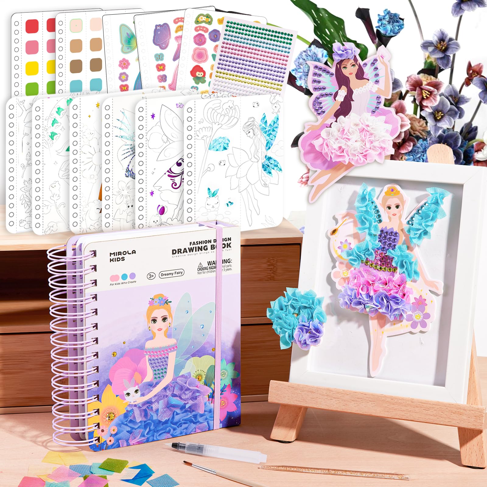 MIROLA KIDS 4 in 1 Fashion Design Book for Girls, Fairy Theme Puzzle Puncture Painting with Poking, Diamond, Watercolor Painting, Stickers, Dress-up Activity Book, Craft Kit for Age 4-12