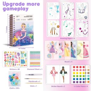 MIROLA KIDS 4 in 1 Fashion Design Book for Girls, Fairy Theme Puzzle Puncture Painting with Poking, Diamond, Watercolor Painting, Stickers, Dress-up Activity Book, Craft Kit for Age 4-12