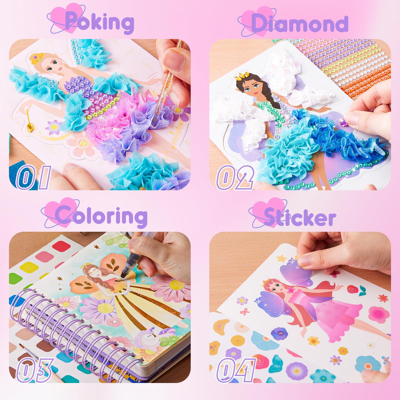 MIROLA KIDS 4 in 1 Fashion Design Book for Girls, Fairy Theme Puzzle Puncture Painting with Poking, Diamond, Watercolor Painting, Stickers, Dress-up Activity Book, Craft Kit for Age 4-12