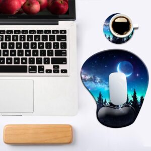 DOOKE Ergonomic Mouse Pad with Wrist Support and Coaster,Mouse Pads with Non-Slip PU Base for Home Office Working Studying Easy Typing & Pain Relief Night Forest