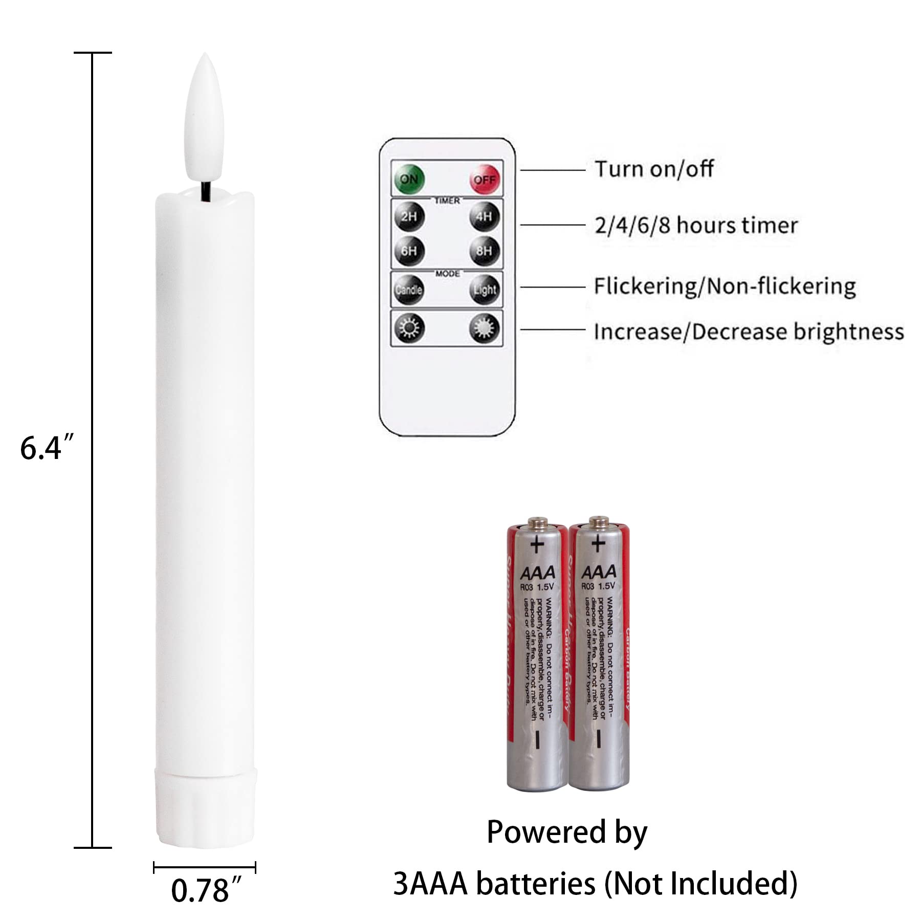 Yeelida Battery Operated Flameless Taper Candles with Two Remote Timer,6.4” LED 3D-Wick Window Candles,Flickering Long-Lasting Warm Light Electric Pack of 6 Flameless Candlesticks(0.78” Dia,White)