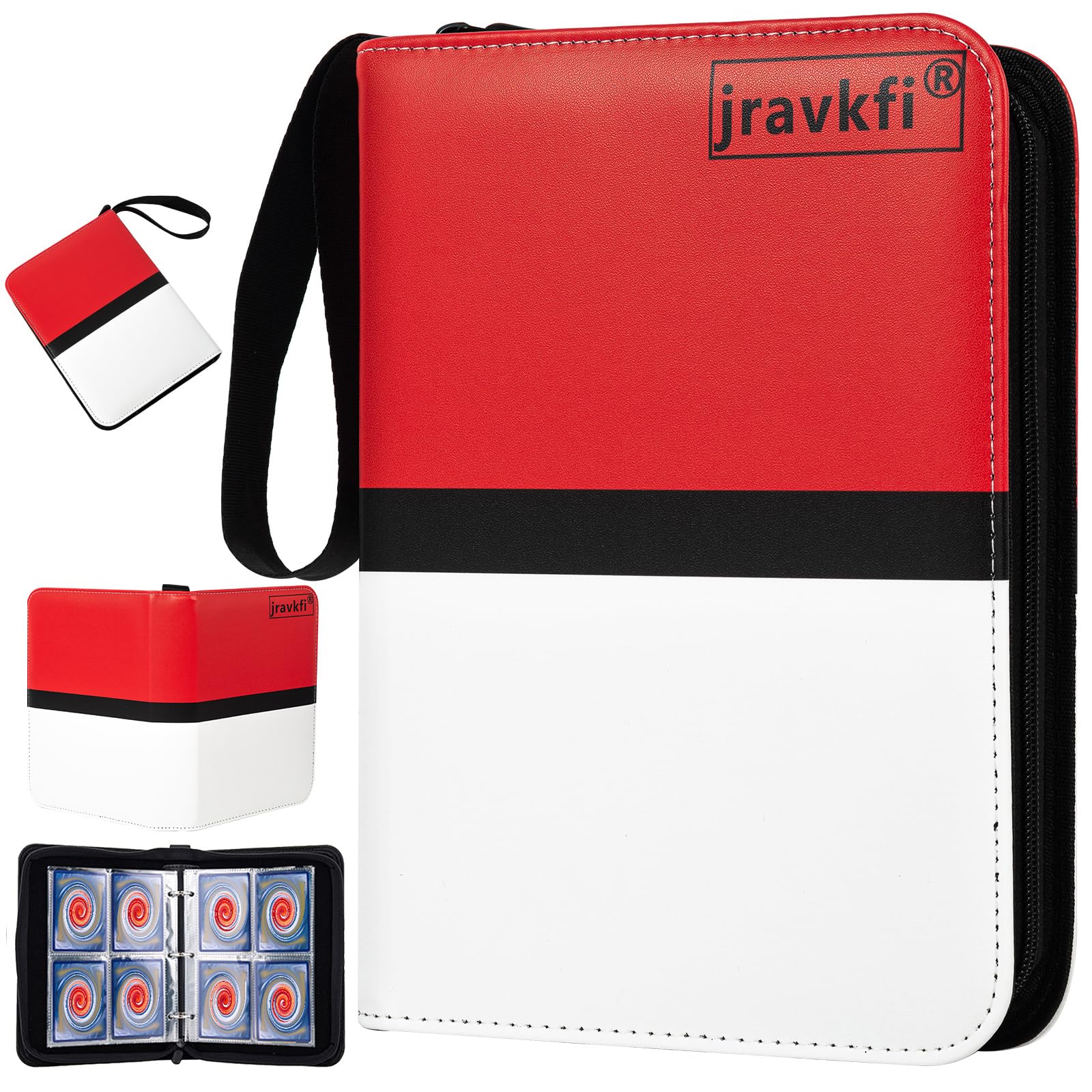 Jravkfi 4 Pocket Trading Card Binder,400 Pockets Trading Card Collection Book with Sleevese,3-ring Zipper Sports Card Album with 50 Removable Double-Sided Card Holder for Standard Size Cards(Red)