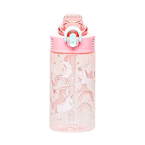 Zak Designs Sage Water Bottle For School or Travel, 16oz Durable Plastic Water Bottle With Straw, Handle, and Leak-Proof, Pop-Up Spout Cover (Fanciful Unicorn)