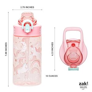 Zak Designs Sage Water Bottle For School or Travel, 16oz Durable Plastic Water Bottle With Straw, Handle, and Leak-Proof, Pop-Up Spout Cover (Fanciful Unicorn)