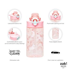 Zak Designs Sage Water Bottle For School or Travel, 16oz Durable Plastic Water Bottle With Straw, Handle, and Leak-Proof, Pop-Up Spout Cover (Fanciful Unicorn)