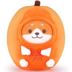 fortuning's jds shiba inu pumpkin plush, 12" pumpkin corgi dog stuffed animal plushies with autumn leaf decor, kawaii birthday gift for boys girls kids plush toy pillow