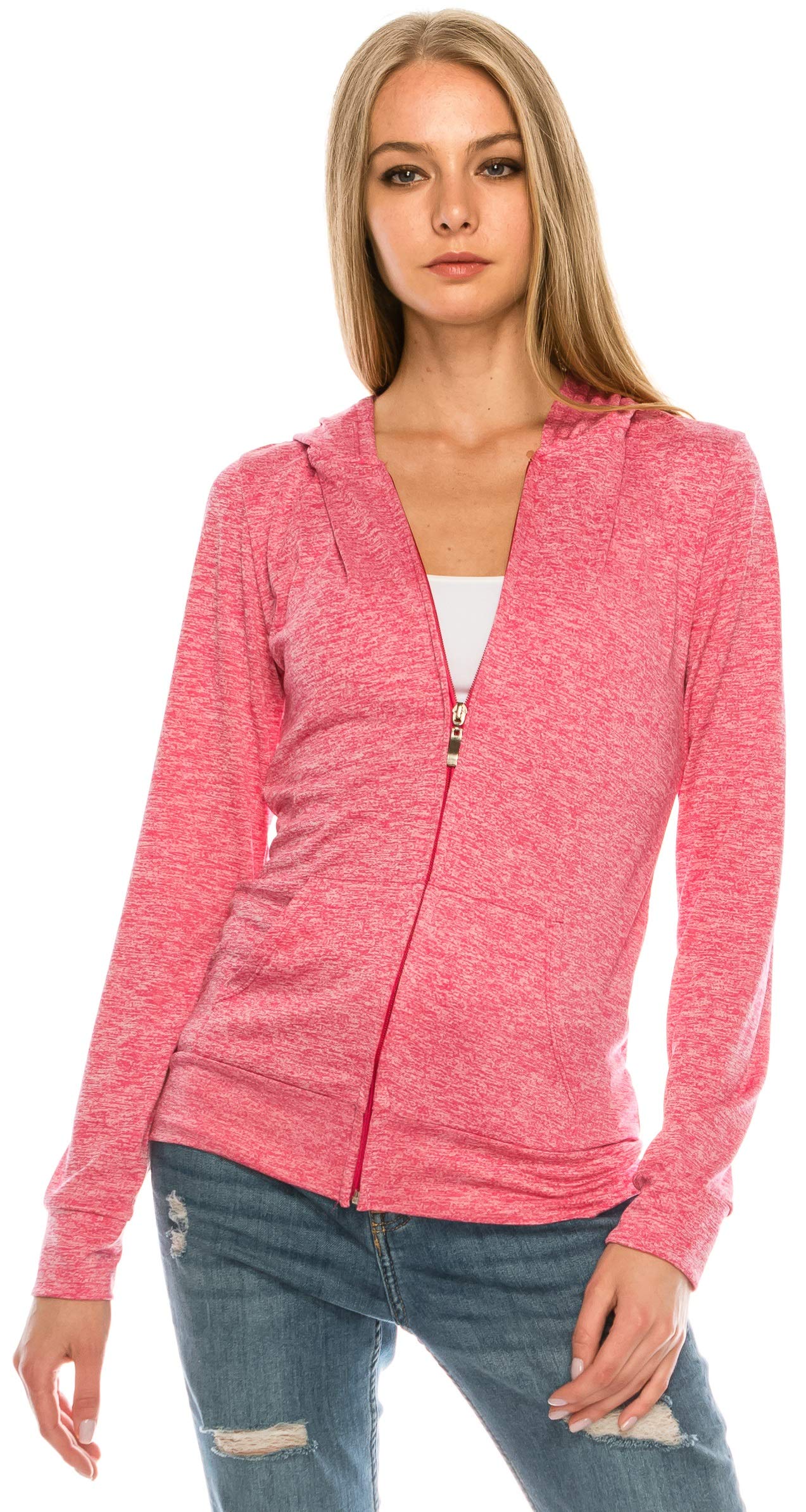 Eevee Women’s Full Zip Hoodie - Casual Slim Fit Lightweight Jacket Long Sleeve Sweater Activewear Yoga Running Hooded Sweatshirt ASJ-4001 ActFuchsia L