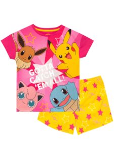 pokemon pajamas | pikachu pajamas for girls | eevee girls pajamas | girls pajama set | short sleeve girls' sleepwear | 7 multicolored