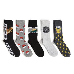 pokemon mens 5 pack crew casual sock, assorted grey, 10-13 us