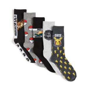 Pokemon Mens 5 Pack Crew Casual Sock, Assorted Grey, 10-13 US