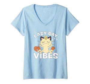 womens pokémon - meowth lazy day vibes v-neck t-shirt