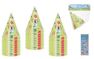 unique bluey birthday party supplies bundle includes 24 party hats and 1 dinosaur sticker sheet