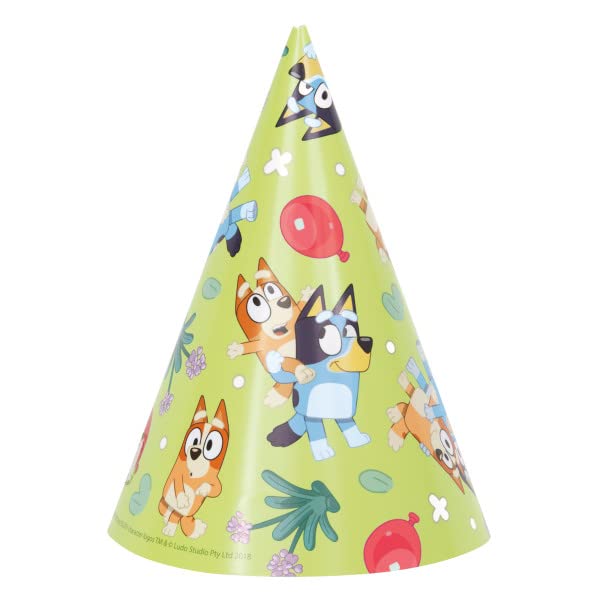 Unique Bluey Birthday Party Supplies Bundle includes 24 Party Hats and 1 Dinosaur Sticker Sheet