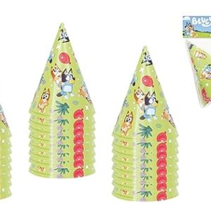 Unique Bluey Birthday Party Supplies Bundle includes 24 Party Hats and 1 Dinosaur Sticker Sheet