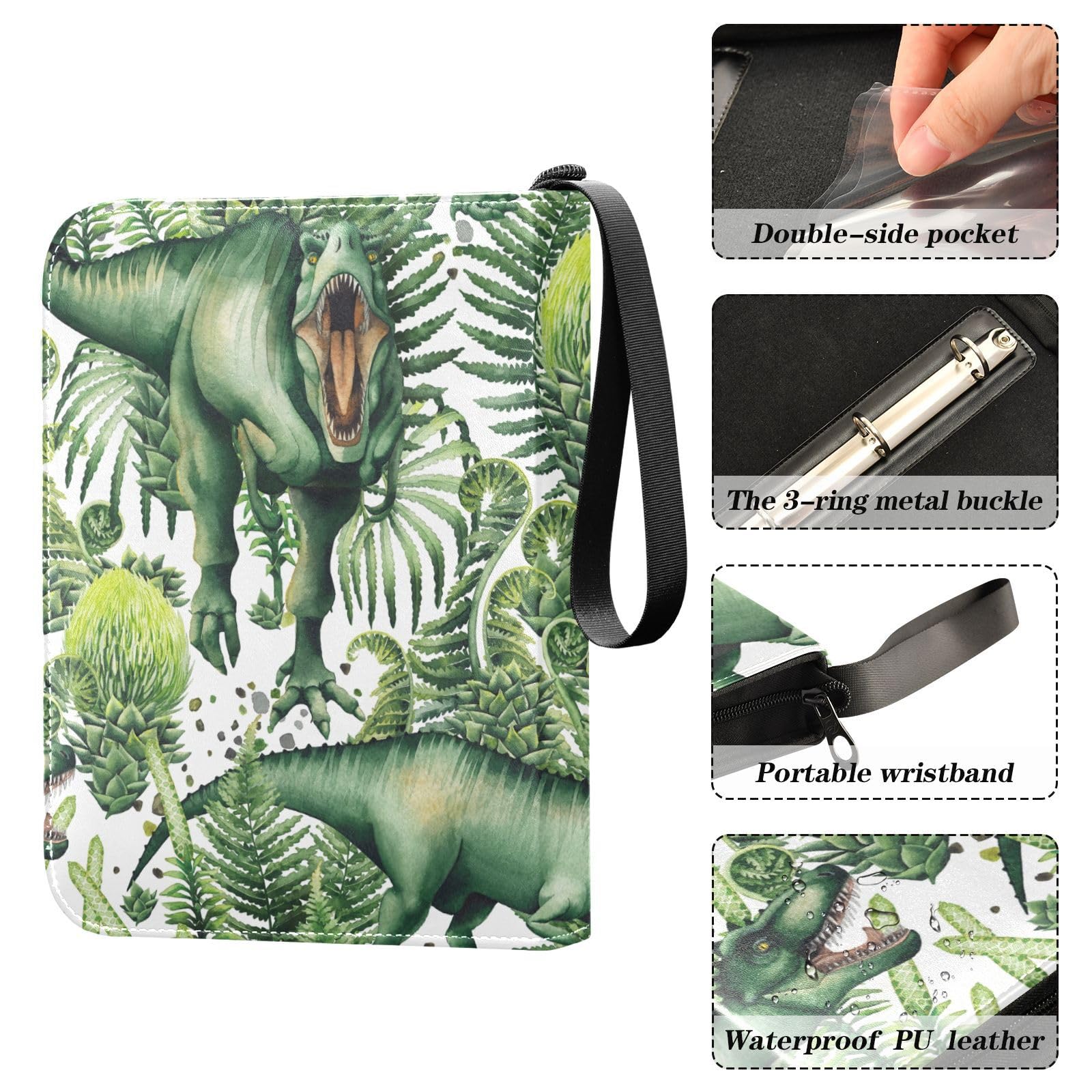 Dinosaur 4 Pockets Trading Card Album Folder for Cards PU Cover Zip Card Binder with 400 Side Loading Pockets 3-Ring Card Collector Holder for Collectible Boys Girls Game Sports Cards MTG TCG